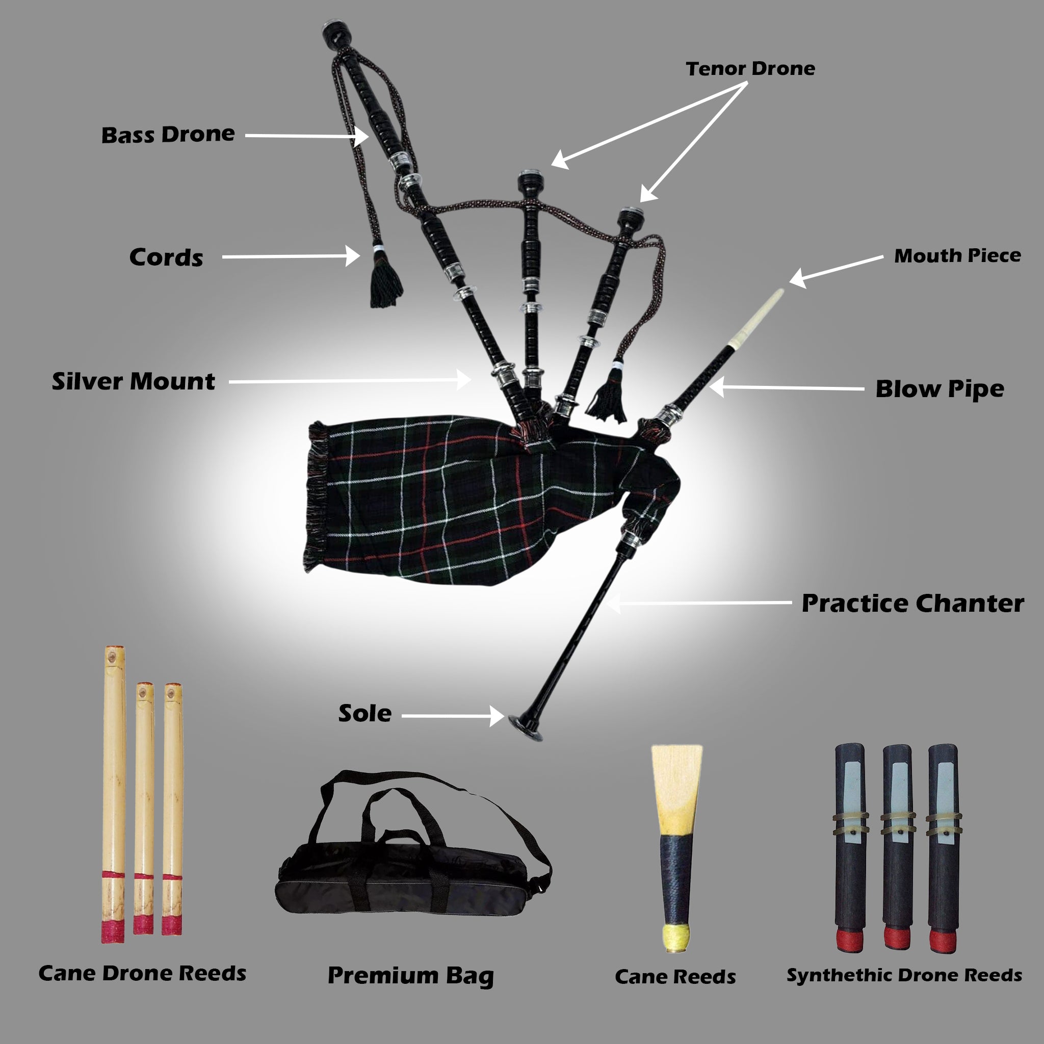Mackenzie Tartan Bagpipe Natural Wood Mounts | Traditional Highland ...